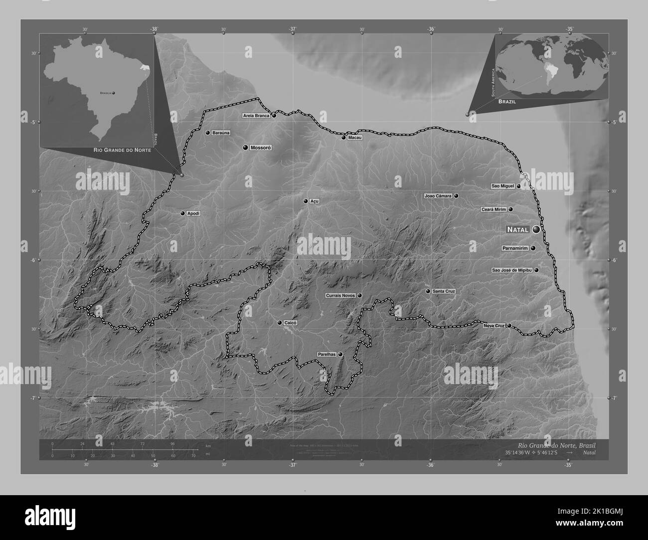 Rio Grande do Norte, state of Brazil. Grayscale elevation map with lakes and rivers. Locations ...