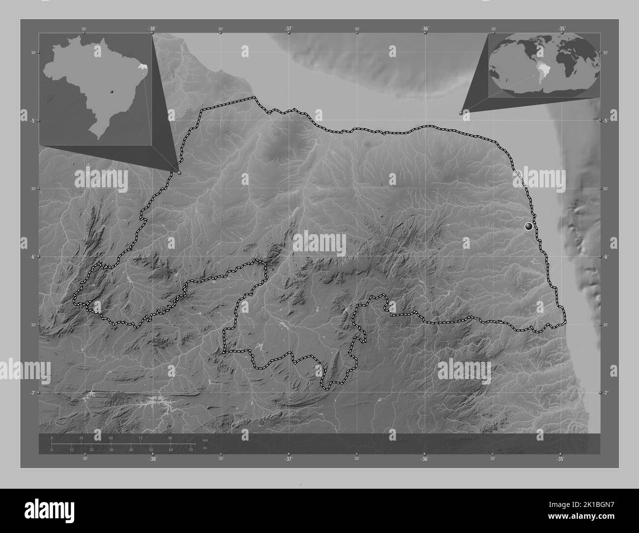 Rio Grande do Norte, state of Brazil. Grayscale elevation map with ...