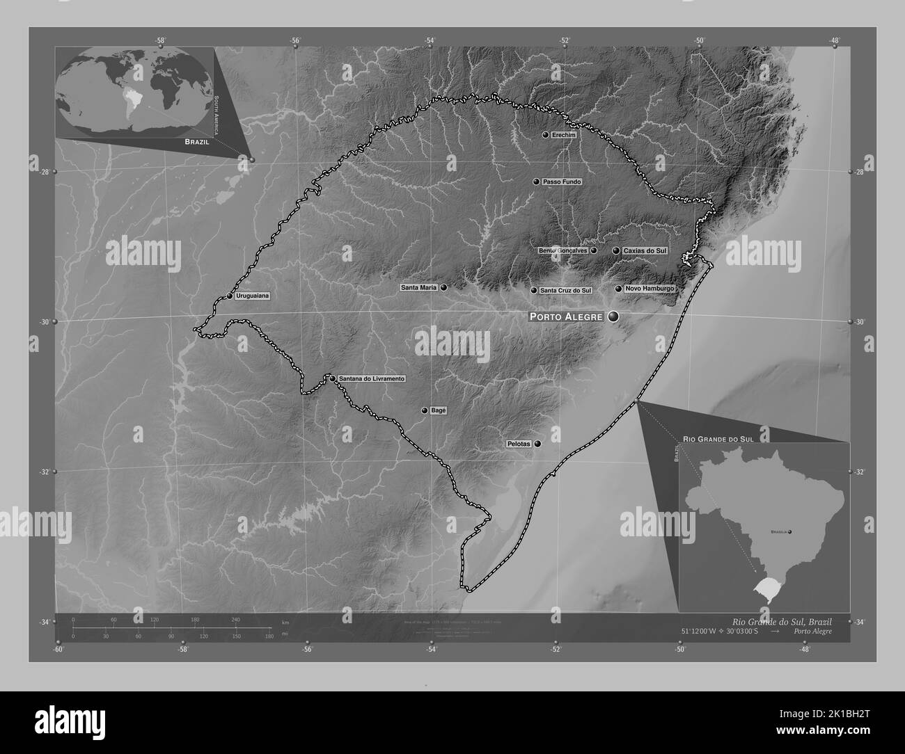 Rio Grande do Sul, state of Brazil. Grayscale elevation map with lakes and rivers. Locations and ...