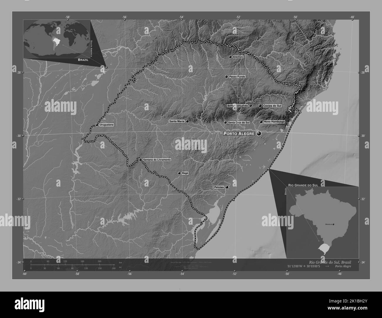 Rio Grande do Sul, state of Brazil. Bilevel elevation map with lakes ...