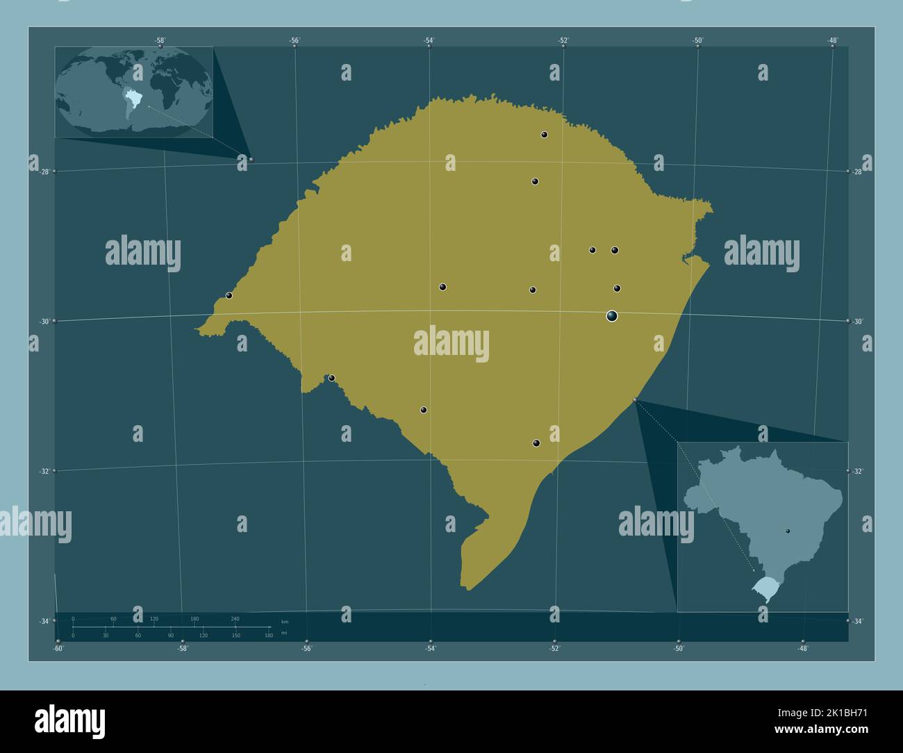 Rio Grande do Sul, state of Brazil. Solid color shape. Locations of ...