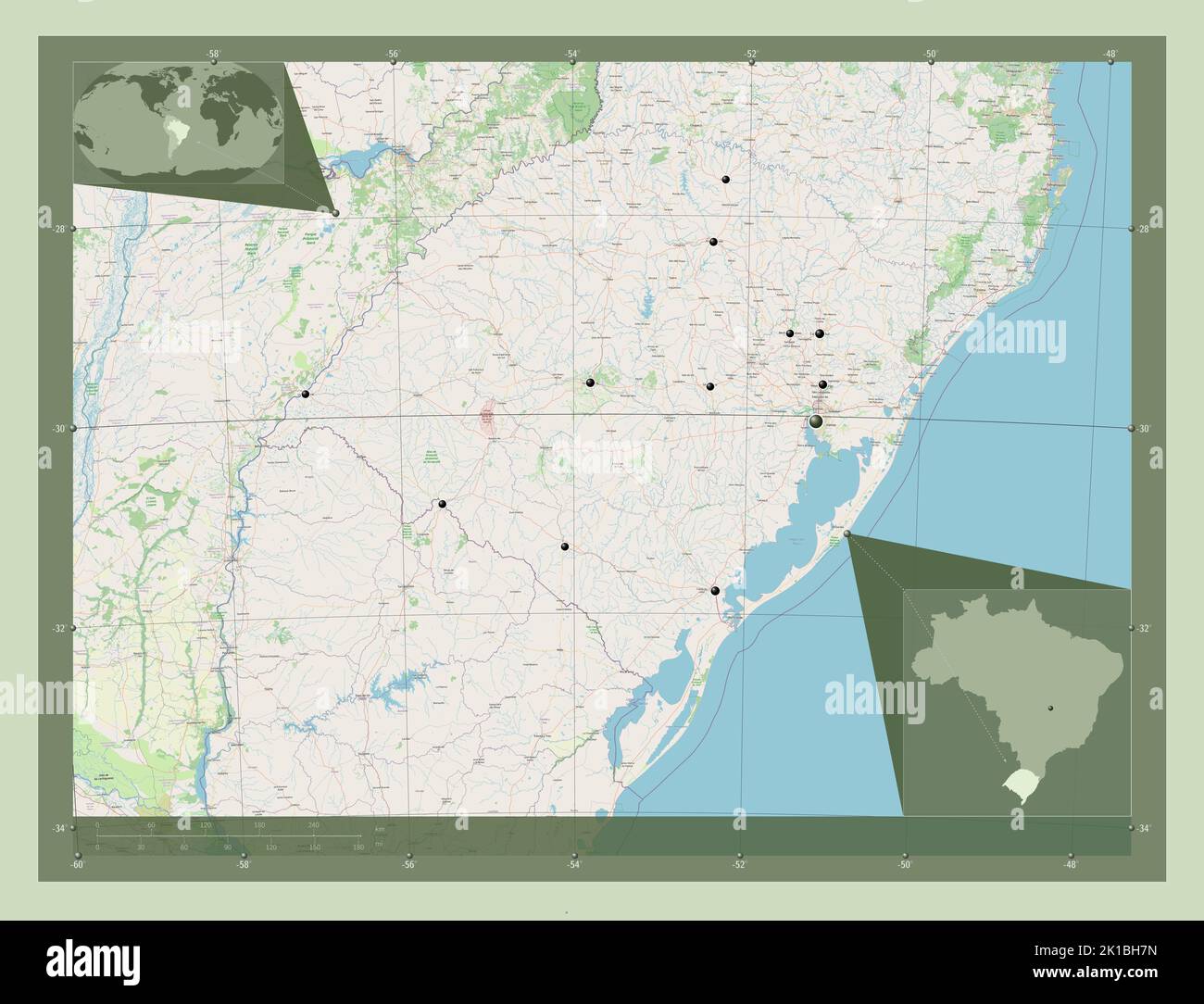 Rio Grande do Sul, state of Brazil. Open Street Map. Locations of major ...