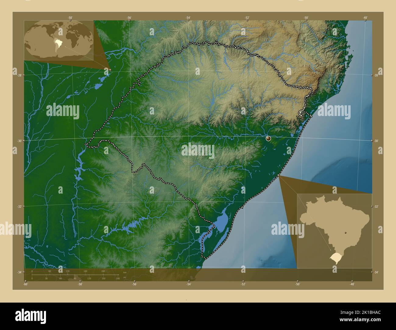 Rio Grande do Sul, state of Brazil. Colored elevation map with lakes ...