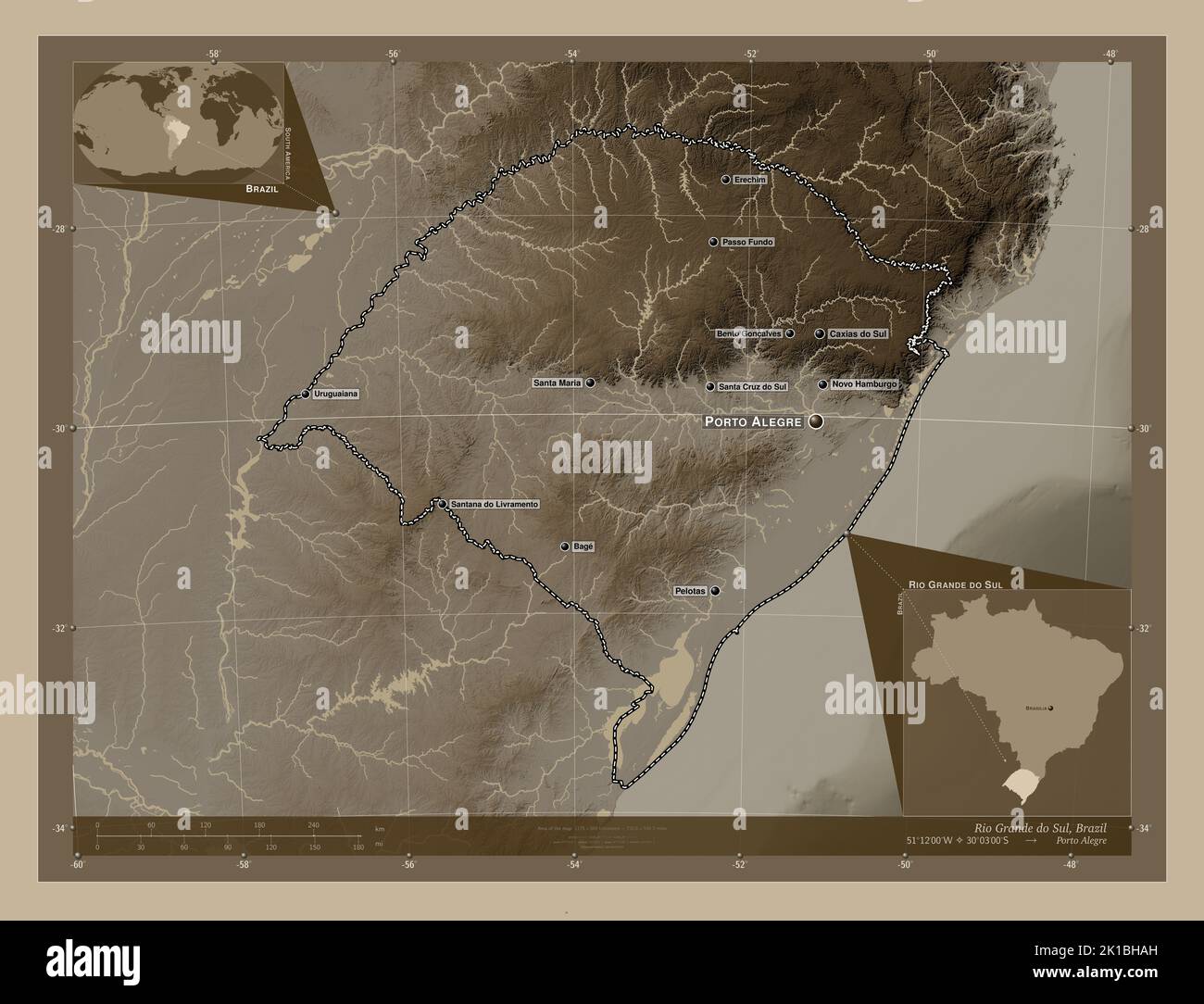 Rio Grande do Sul, state of Brazil. Elevation map colored in sepia ...