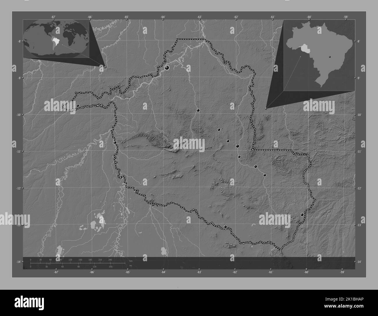 Rondonia, state of Brazil. Bilevel elevation map with lakes and rivers ...
