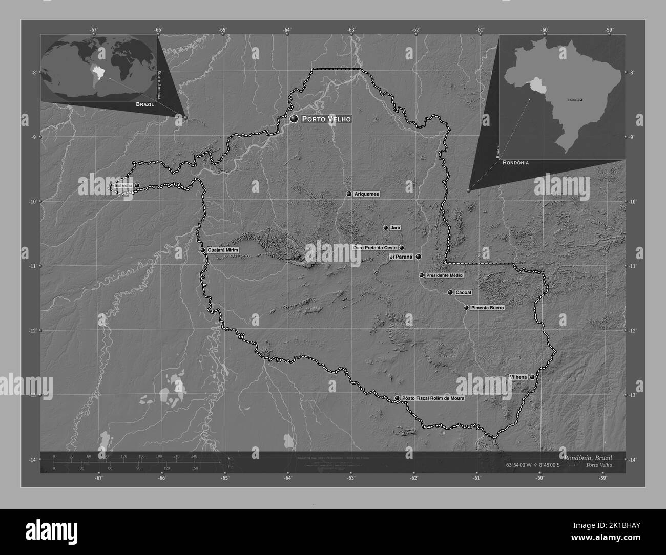 Rondonia, state of Brazil. Bilevel elevation map with lakes and rivers ...
