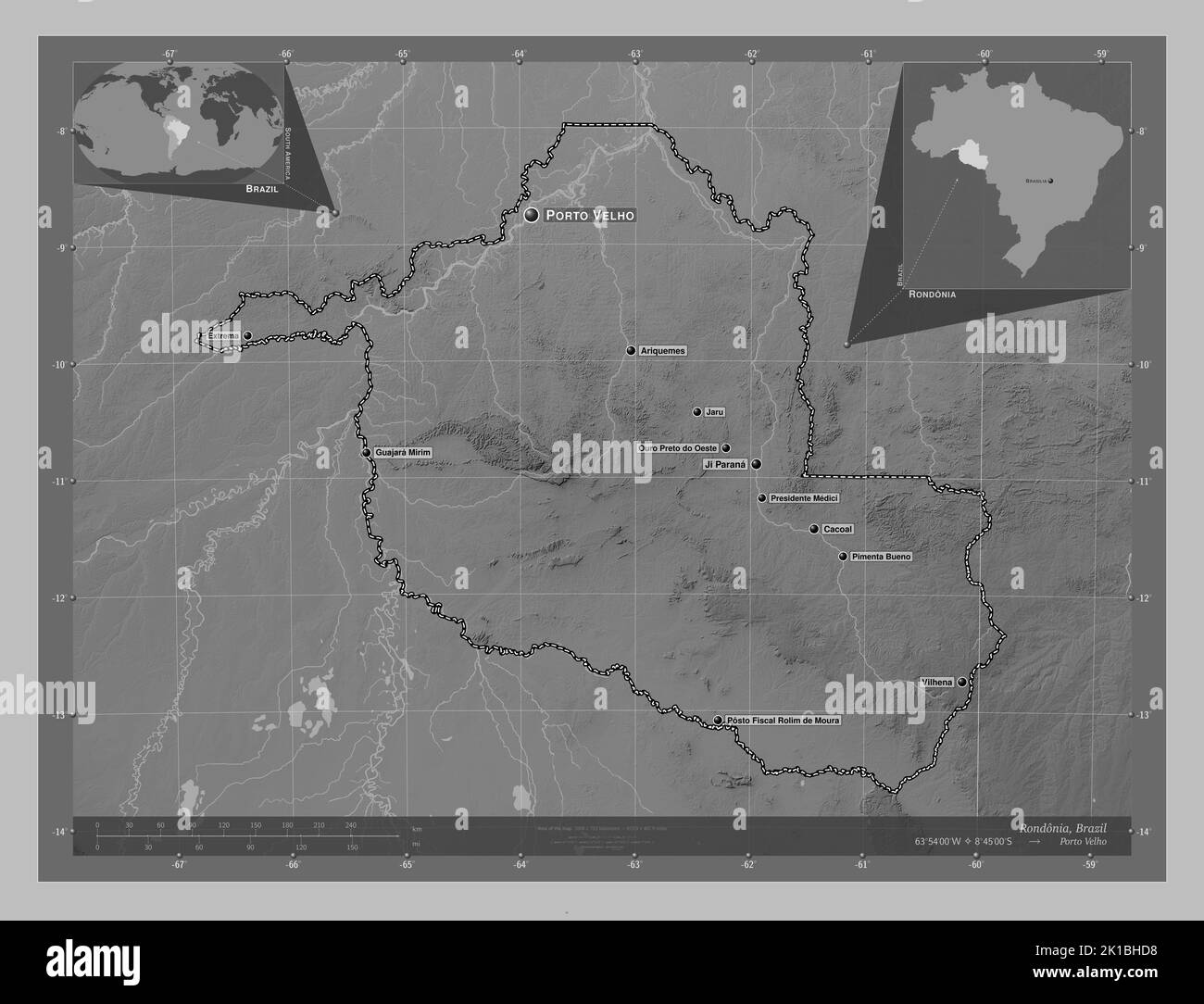 Rondonia, state of Brazil. Grayscale elevation map with lakes and rivers. Locations and names of ...
