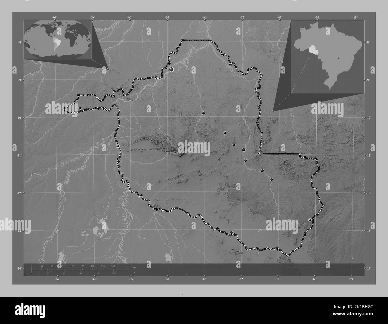 Rondonia, state of Brazil. Grayscale elevation map with lakes and rivers. Locations of major ...