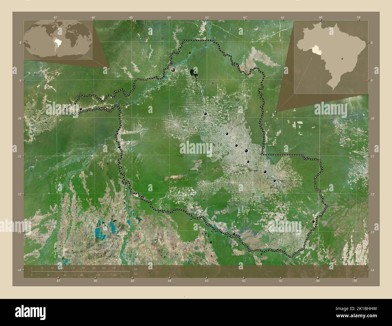 Rondonia, state of Brazil. High resolution satellite map. Locations of ...