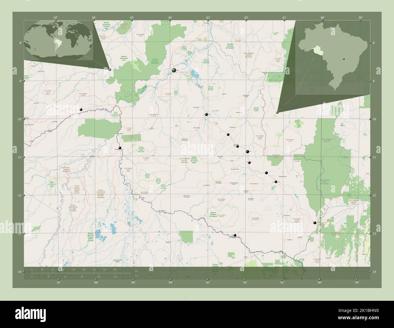 Rondonia, state of Brazil. Open Street Map. Locations of major cities ...
