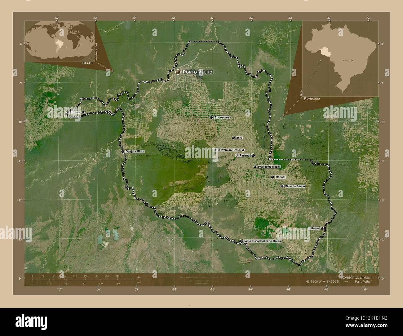 Rondonia, state of Brazil. Low resolution satellite map. Locations and ...