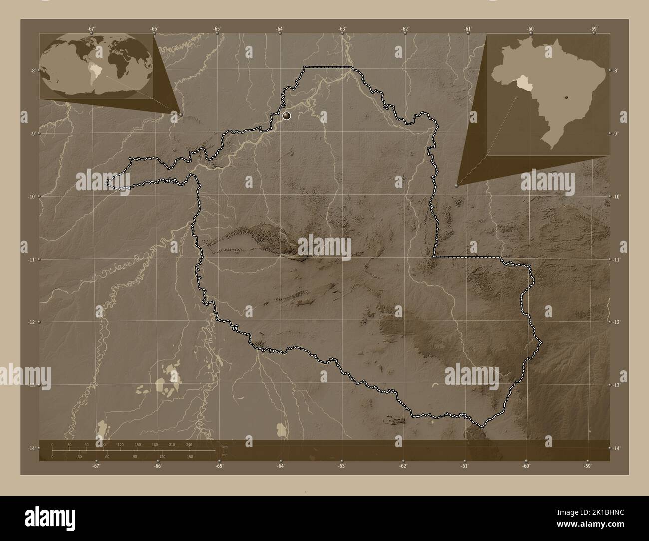 Rondonia, state of Brazil. Elevation map colored in sepia tones with ...
