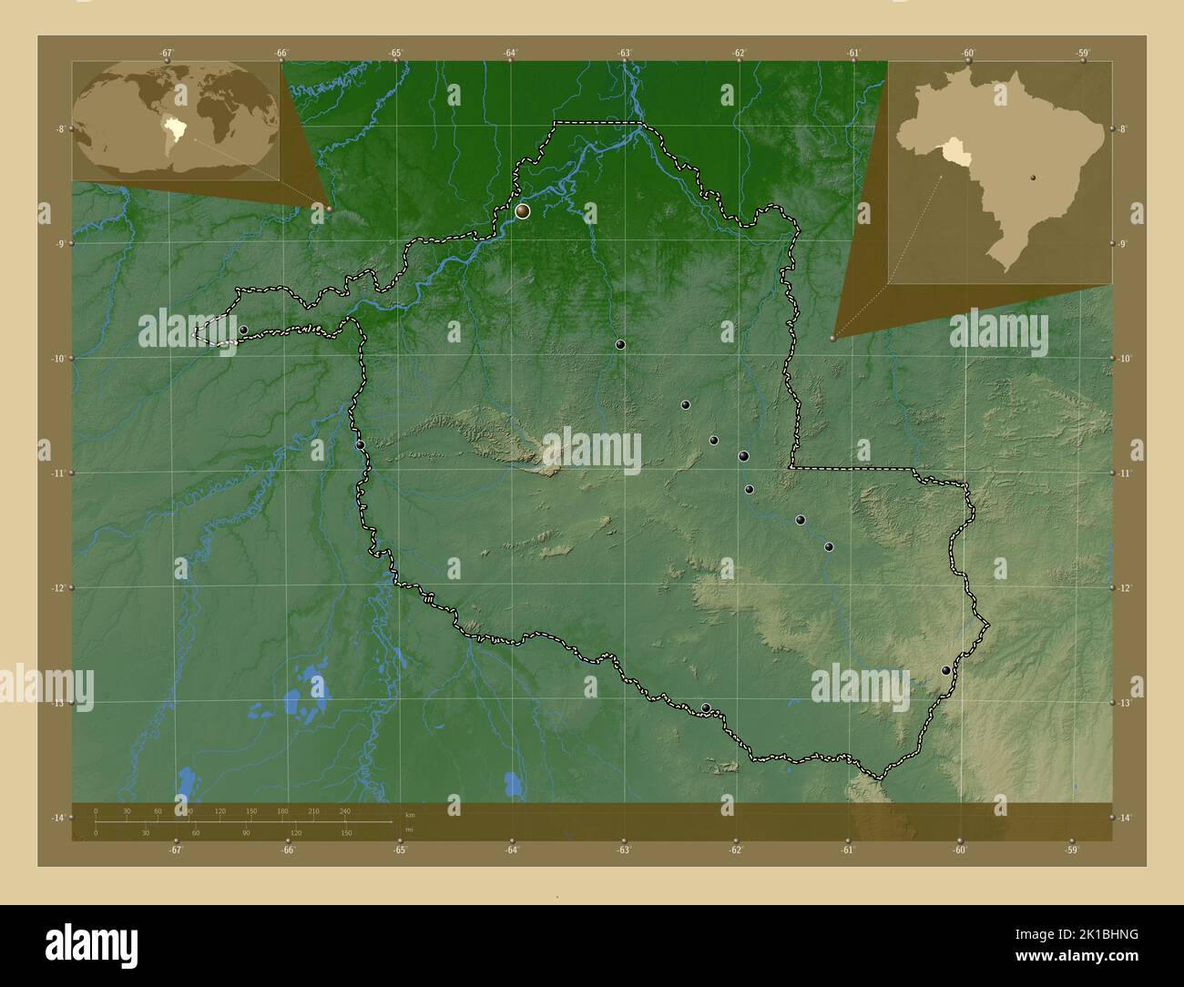 Rondonia, state of Brazil. Colored elevation map with lakes and rivers ...