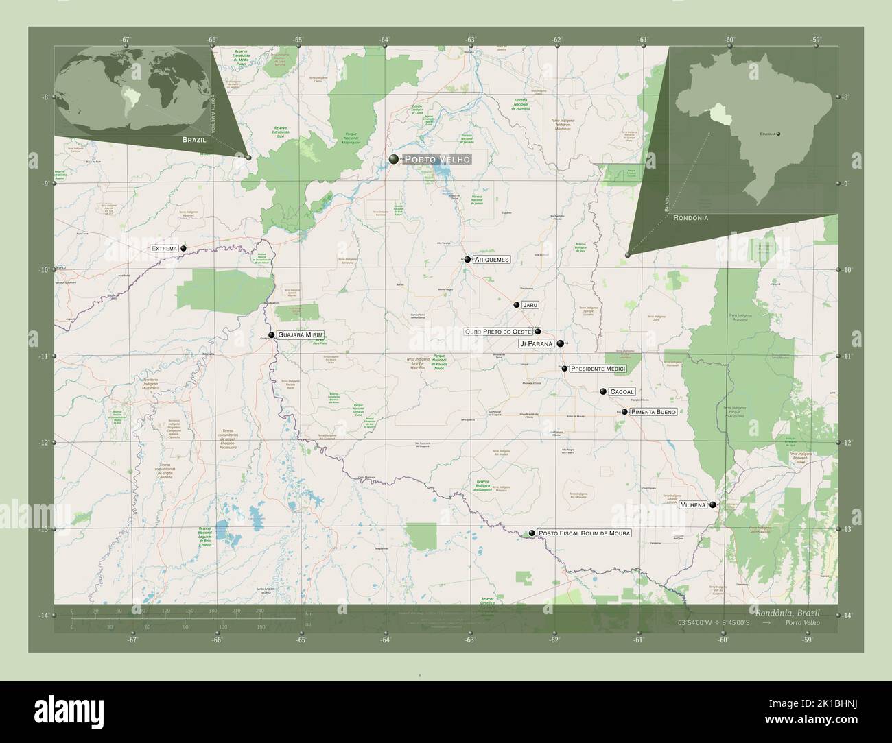 Rondonia, state of Brazil. Open Street Map. Locations and names of ...