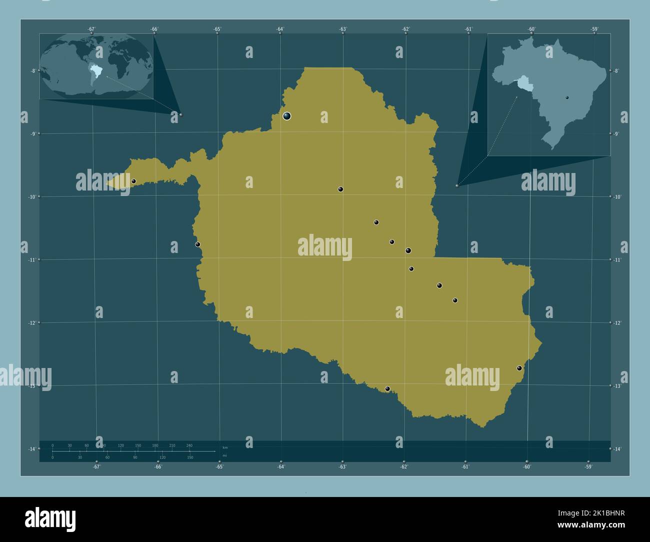 Rondonia, state of Brazil. Solid color shape. Locations of major cities ...