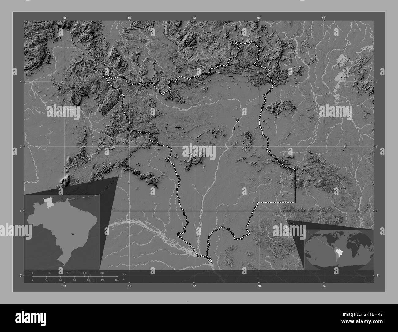 Roraima, state of Brazil. Bilevel elevation map with lakes and rivers. Locations of major cities ...