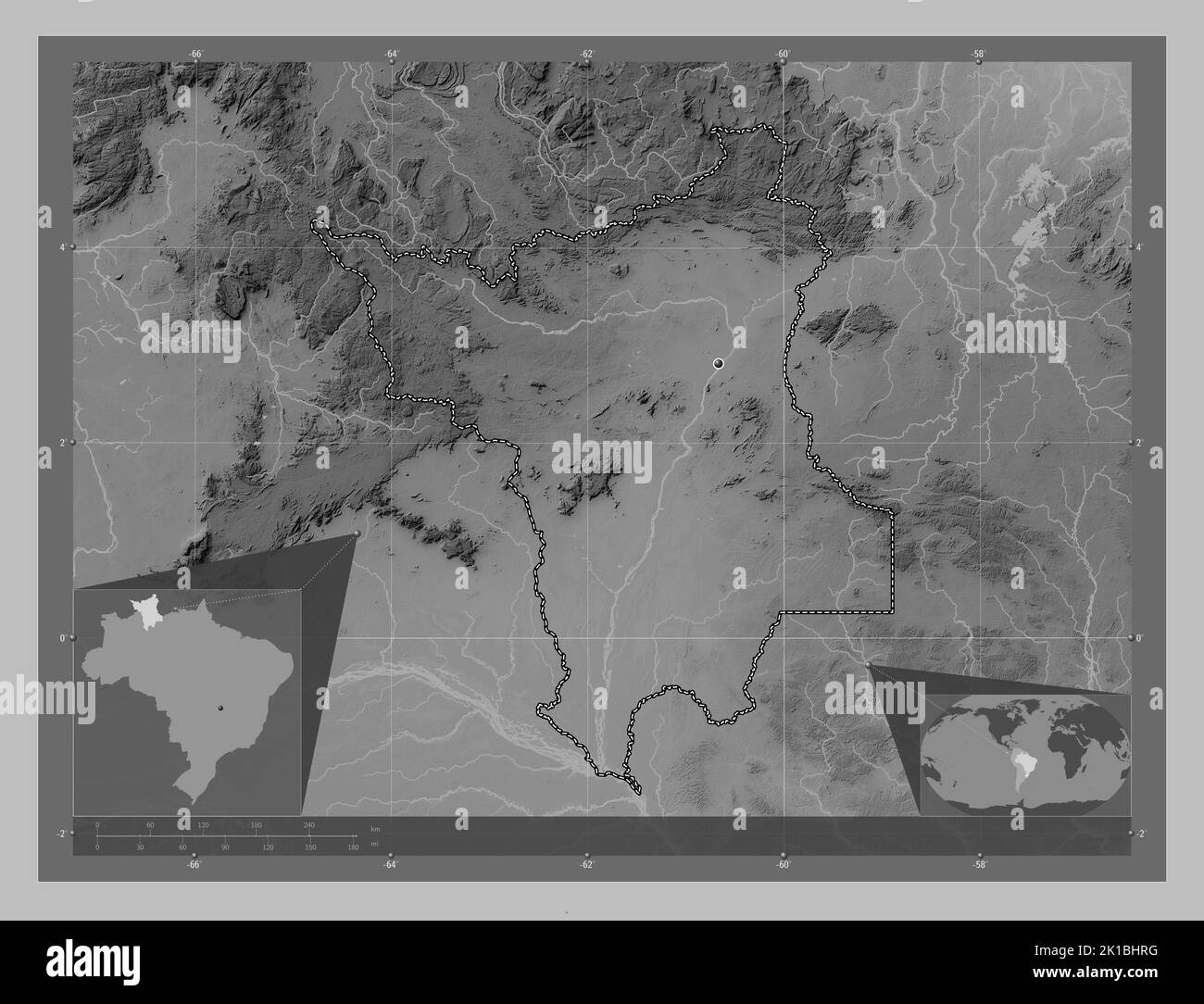 Roraima, state of Brazil. Grayscale elevation map with lakes and rivers. Locations of major ...