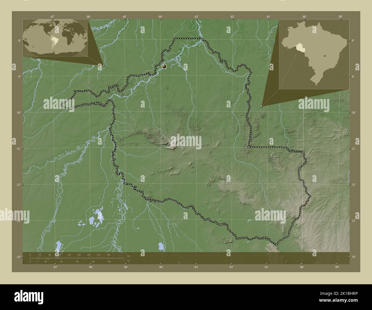 Rondonia, state of Brazil. Elevation map colored in wiki style with ...