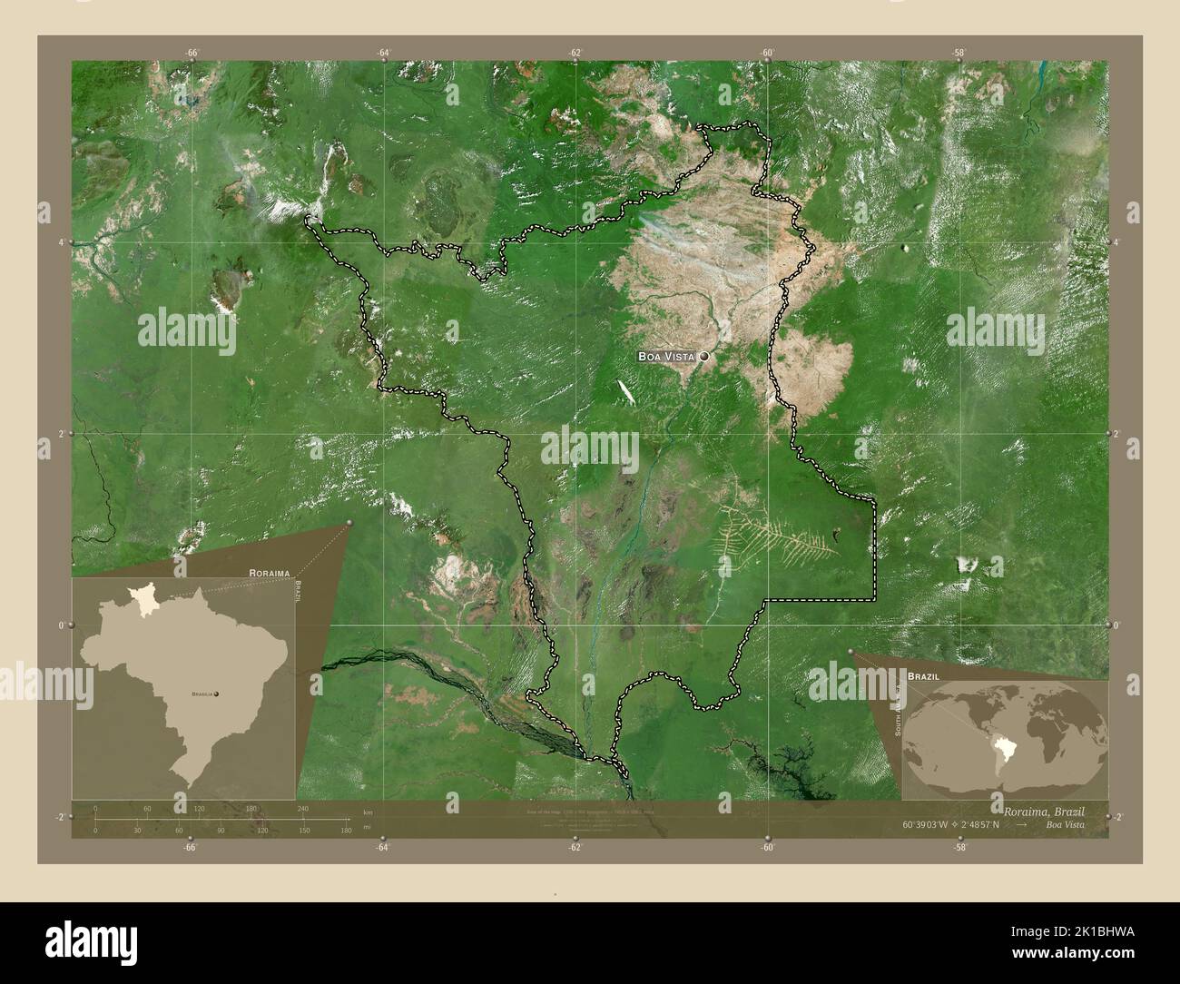 Roraima, state of Brazil. High resolution satellite map. Locations and names of major cities of ...