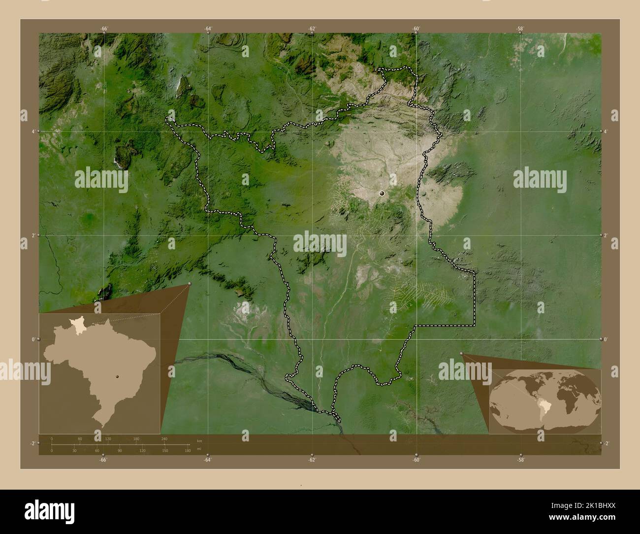 Roraima, state of Brazil. Low resolution satellite map. Locations of ...