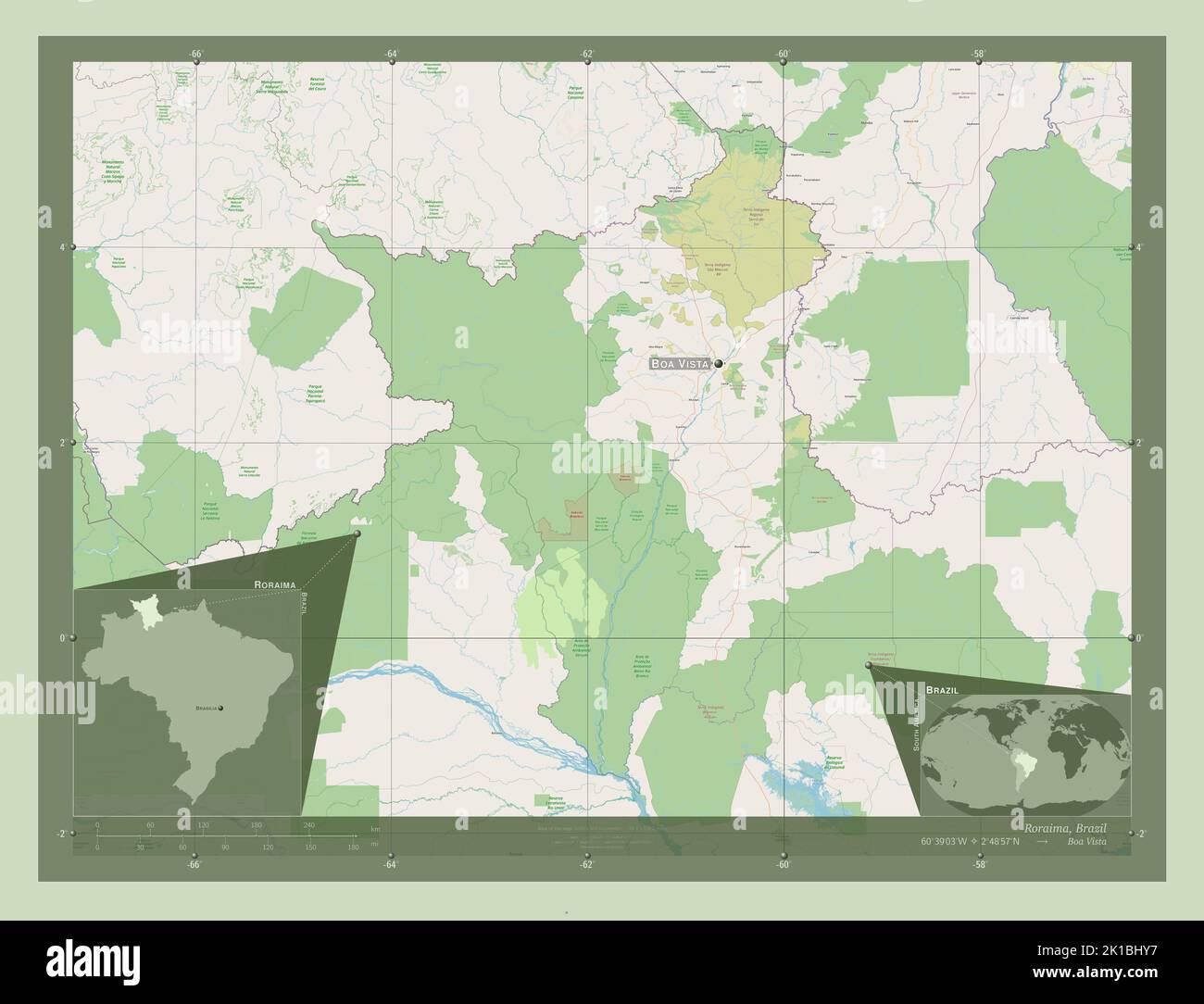 Roraima, state of Brazil. Open Street Map. Locations and names of major cities of the region ...