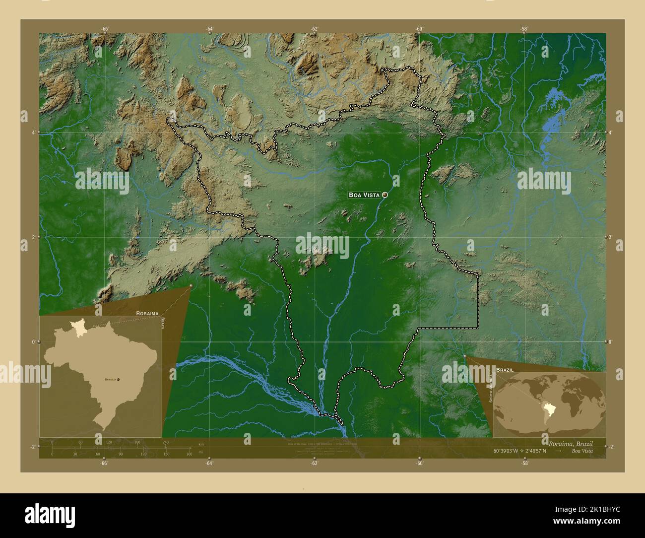 Roraima, state of Brazil. Colored elevation map with lakes and rivers. Locations and names of ...