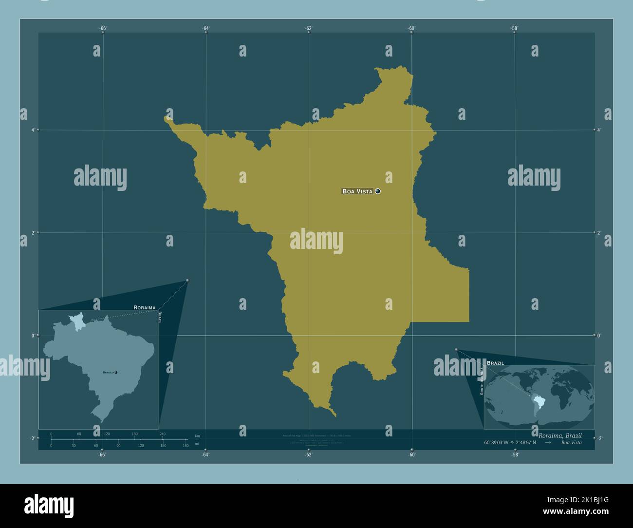 Roraima, state of Brazil. Solid color shape. Locations and names of major cities of the region ...