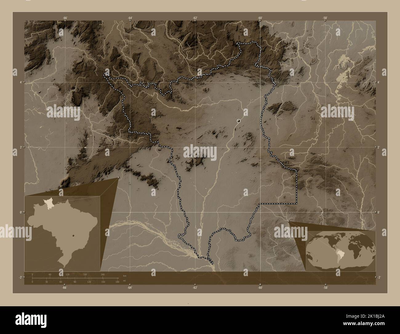 Roraima, state of Brazil. Elevation map colored in sepia tones with ...