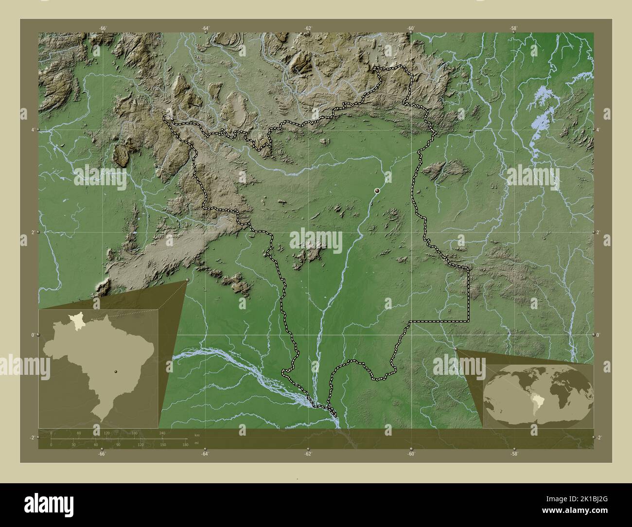 Roraima, state of Brazil. Elevation map colored in wiki style with lakes and rivers. Locations ...
