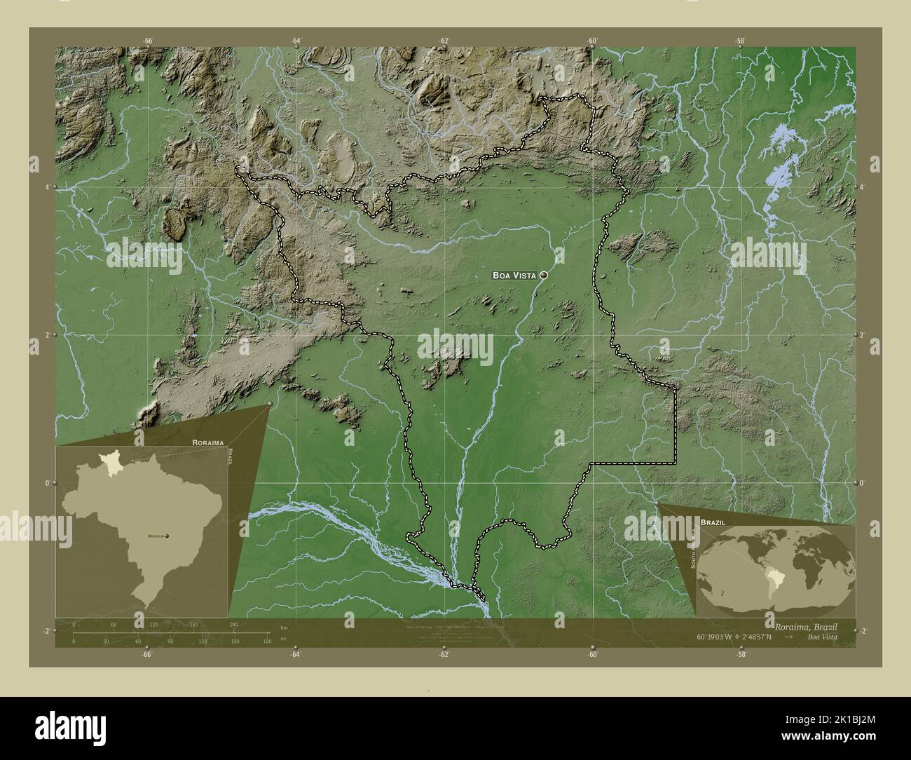Roraima, state of Brazil. Elevation map colored in wiki style with lakes and rivers. Locations ...