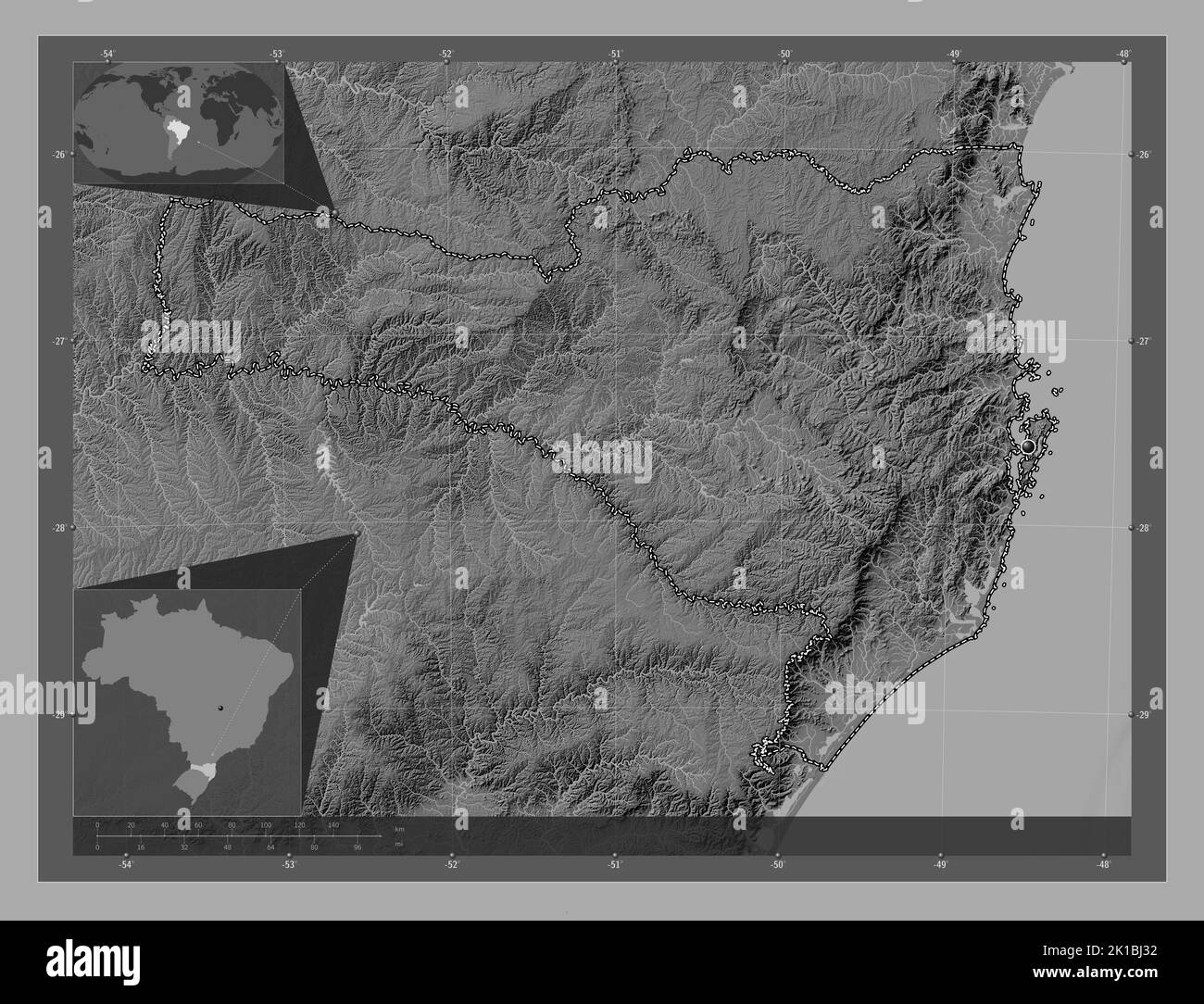 Santa Catarina, state of Brazil. Bilevel elevation map with lakes and ...