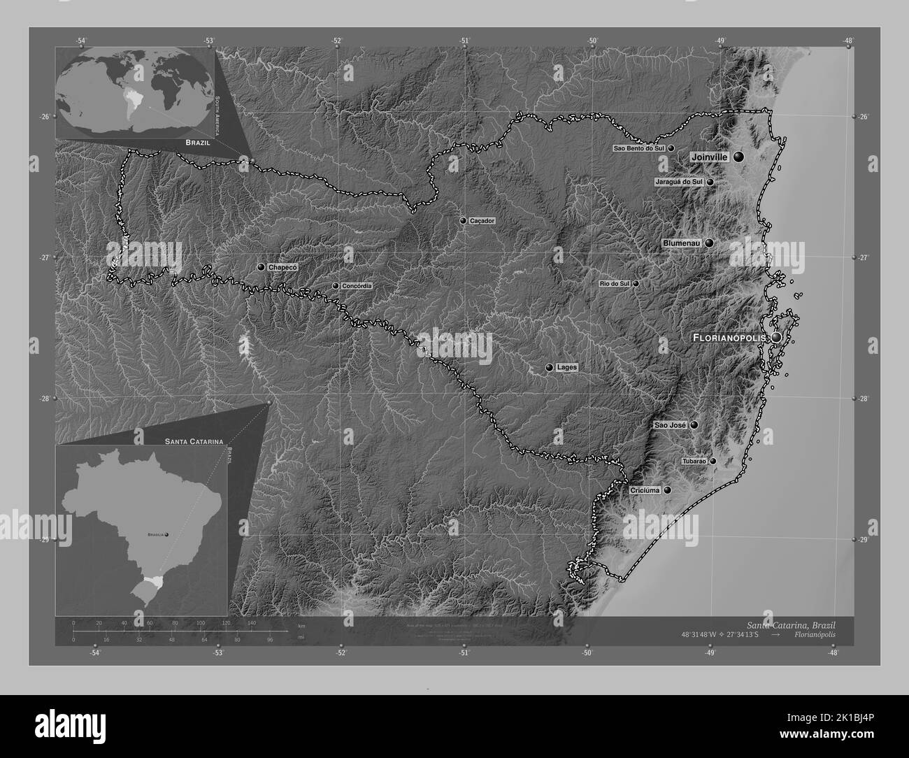 Santa Catarina, state of Brazil. Grayscale elevation map with lakes and rivers. Locations and ...