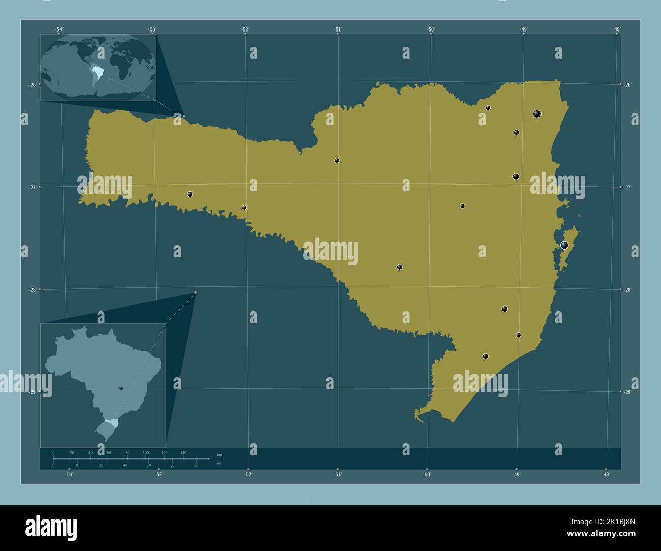 Santa Catarina, state of Brazil. Solid color shape. Locations of major ...