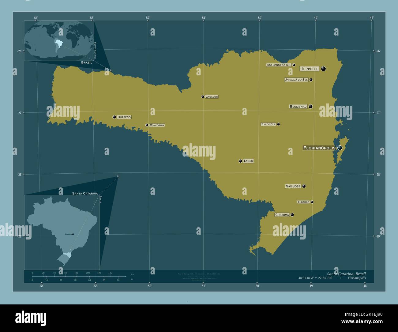 Santa Catarina, state of Brazil. Solid color shape. Locations and names ...