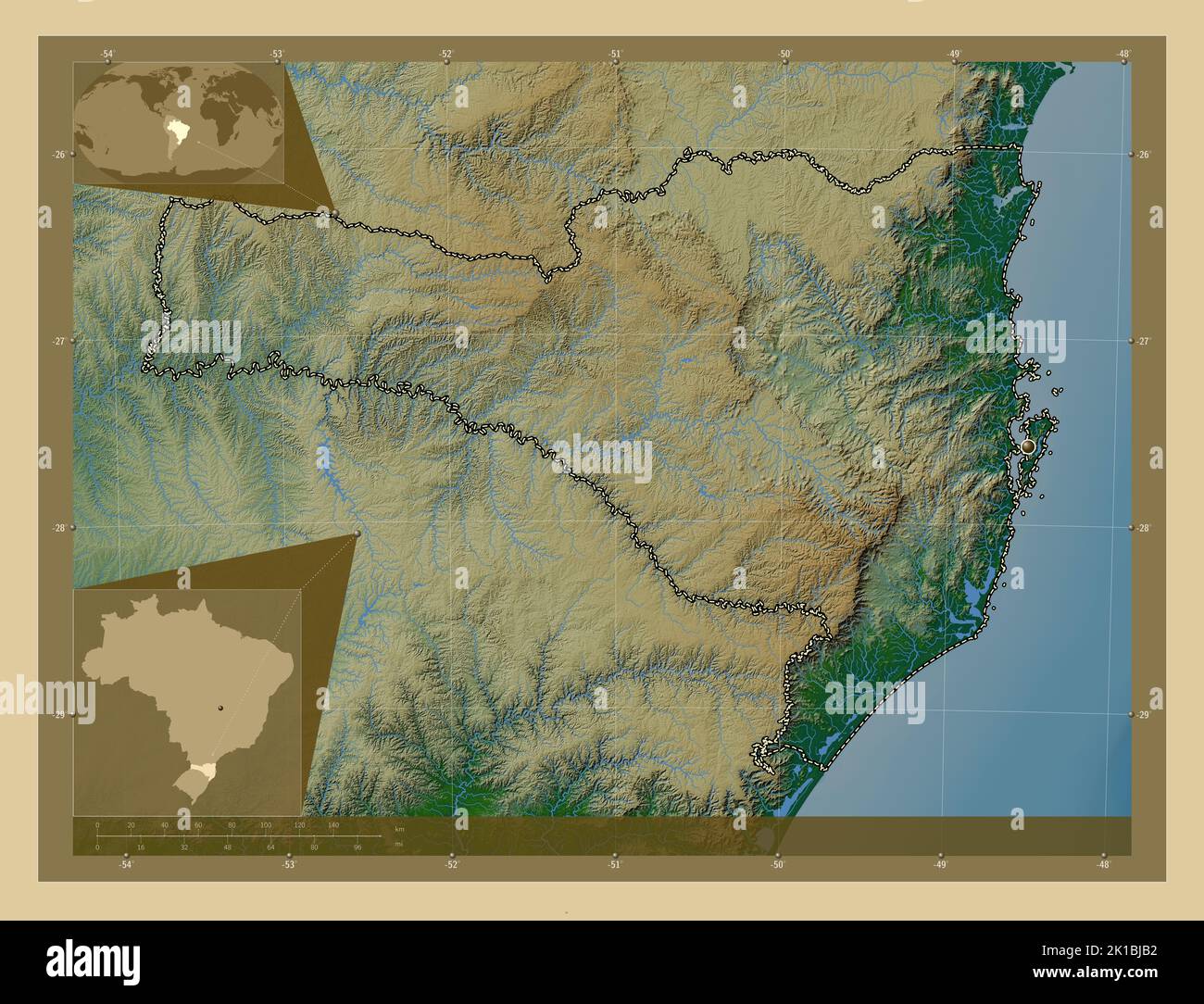 Santa Catarina, state of Brazil. Colored elevation map with lakes and ...