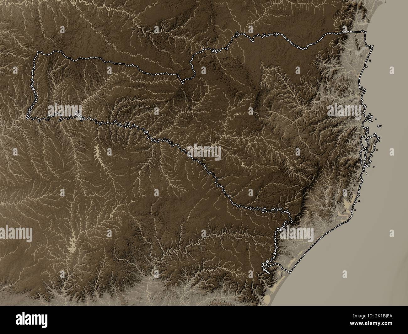 Santa Catarina, state of Brazil. Elevation map colored in sepia tones ...