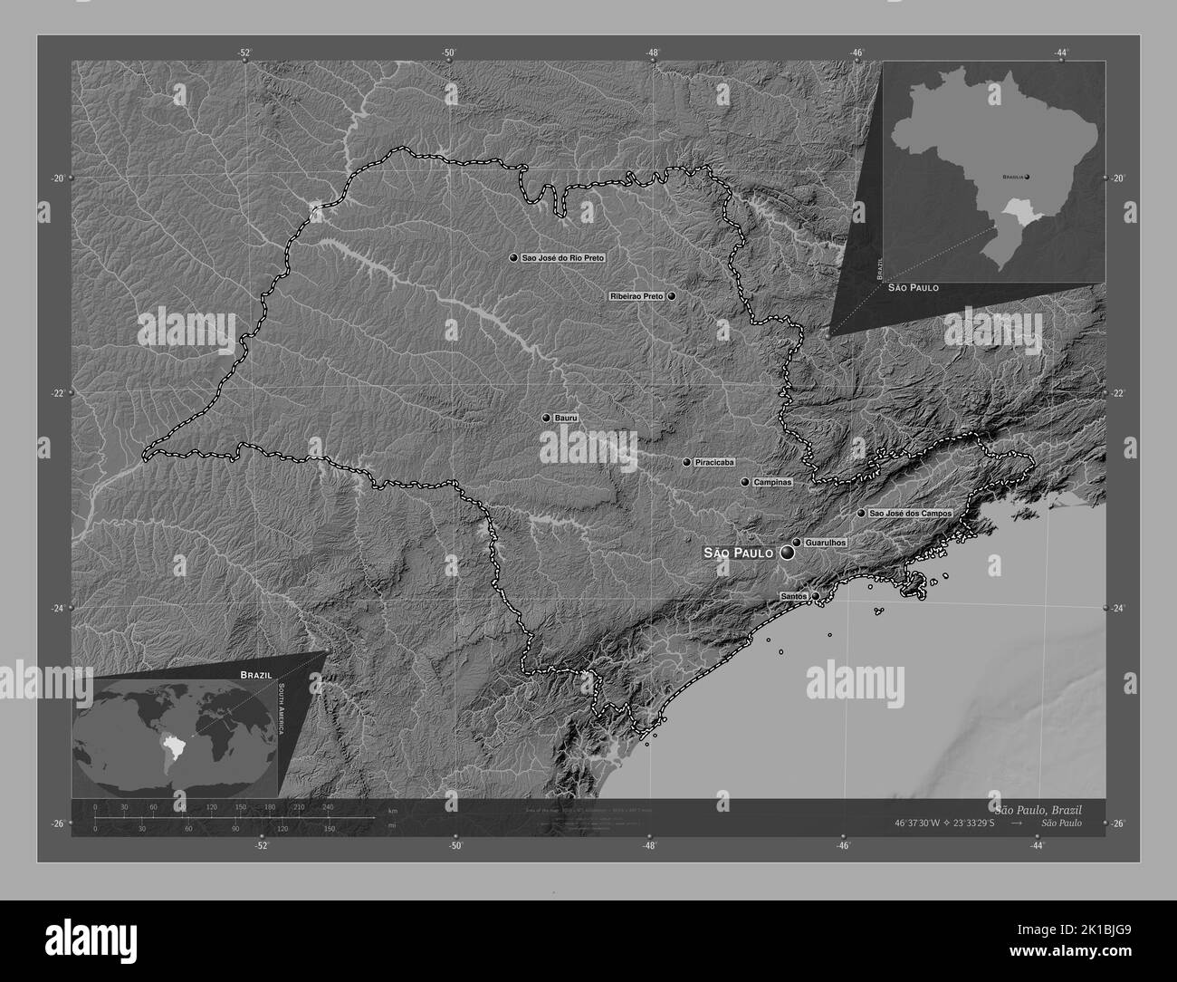 Sao Paulo, state of Brazil. Bilevel elevation map with lakes and rivers ...