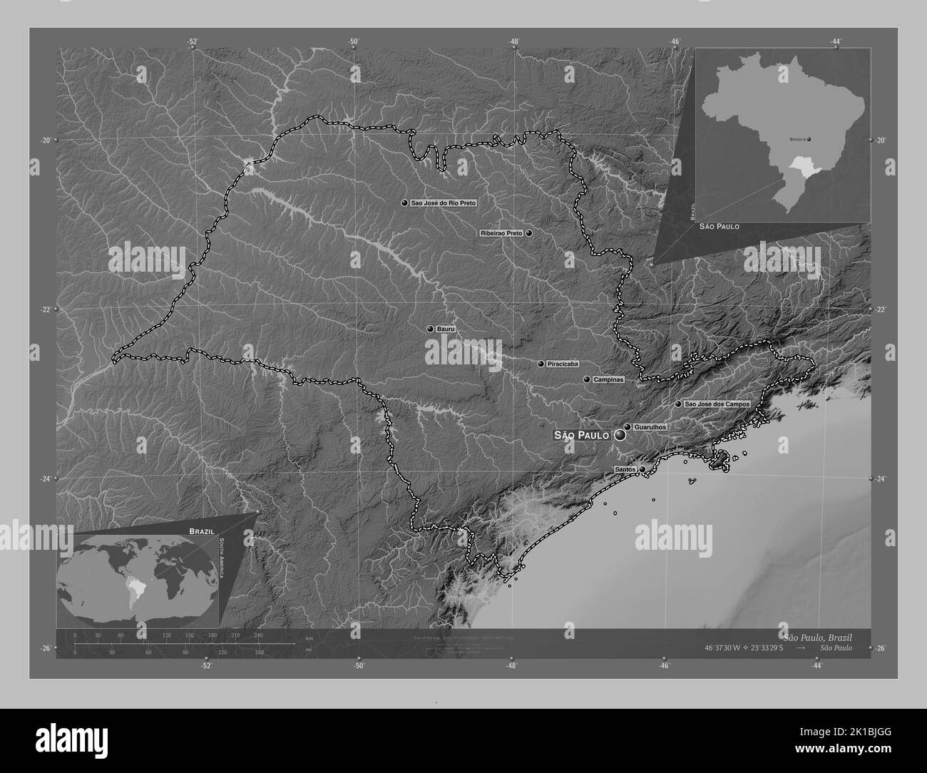 Sao Paulo, state of Brazil. Grayscale elevation map with lakes and rivers. Locations and names ...