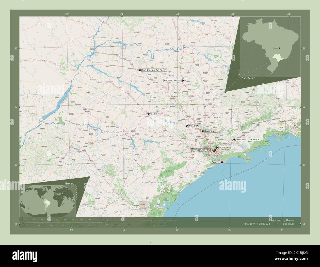 Sao Paulo, state of Brazil. Open Street Map. Locations and names of ...