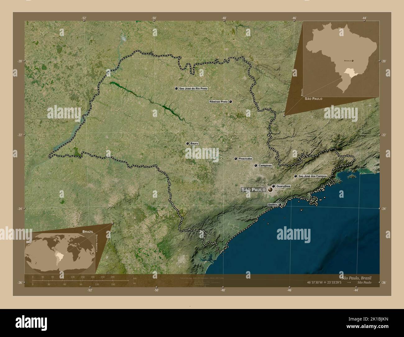 Sao Paulo, state of Brazil. Low resolution satellite map. Locations and ...