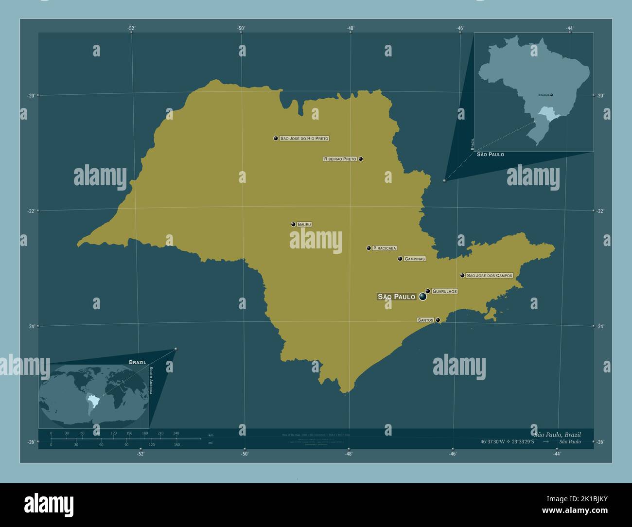 Sao Paulo, state of Brazil. Solid color shape. Locations and names of ...