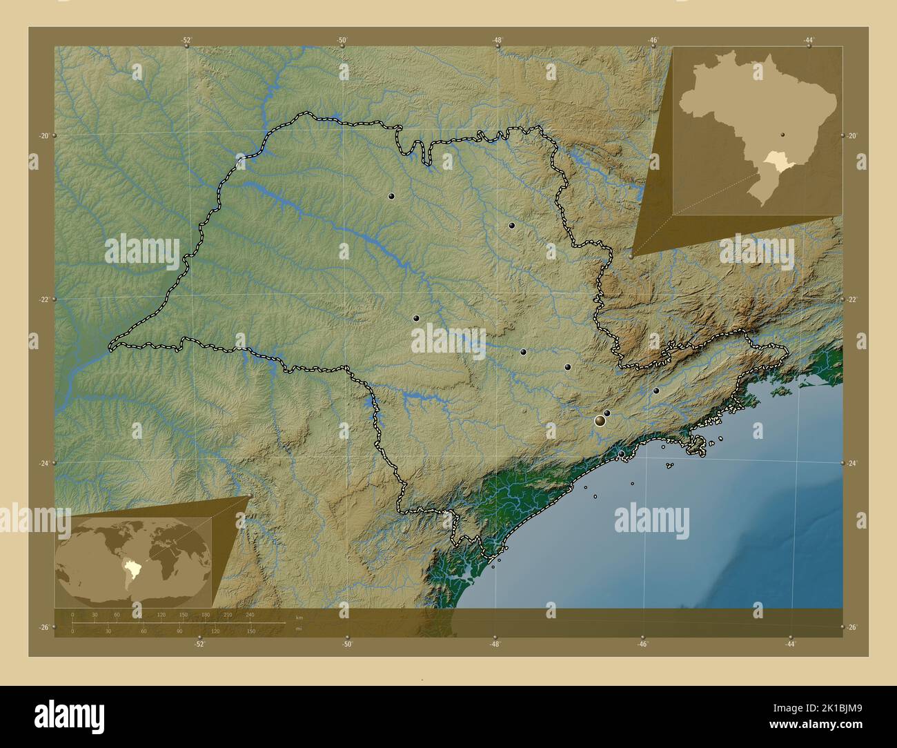 Sao Paulo, state of Brazil. Colored elevation map with lakes and rivers ...