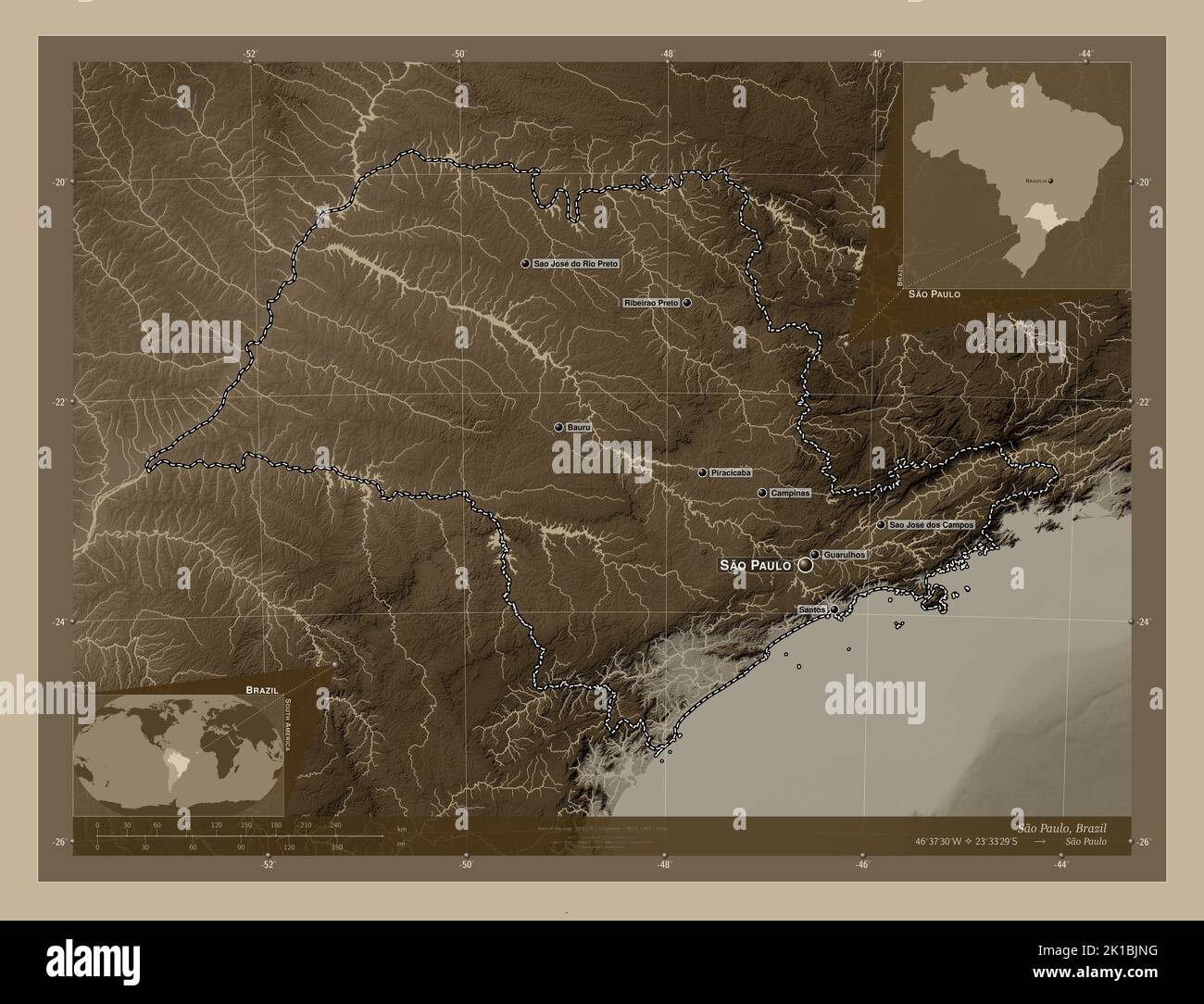 Sao Paulo, state of Brazil. Elevation map colored in sepia tones with ...