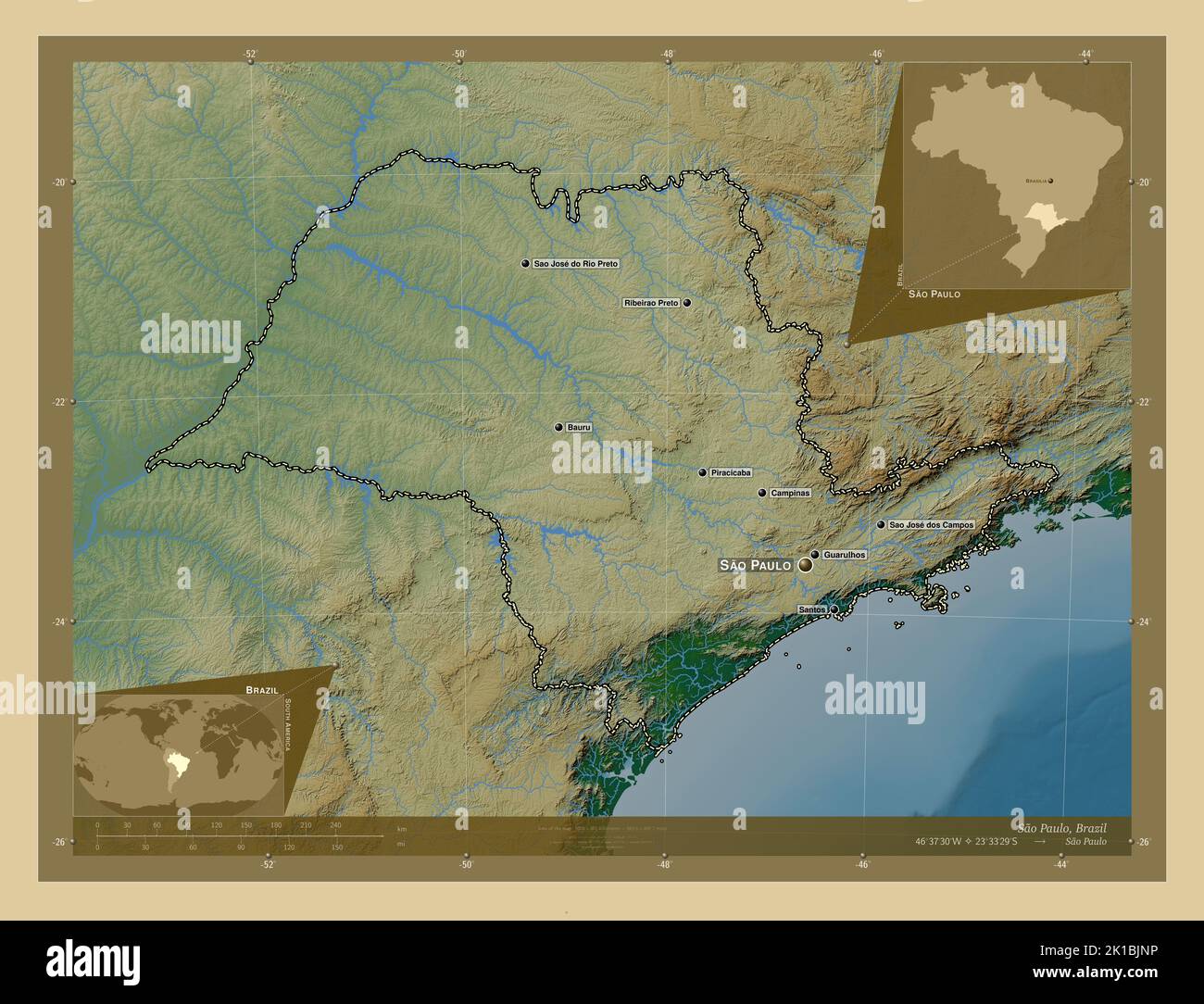 Sao Paulo, state of Brazil. Colored elevation map with lakes and rivers ...