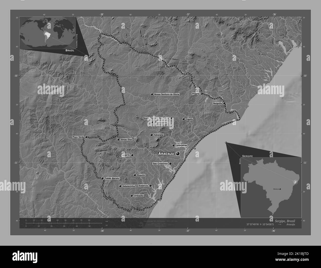Sergipe, state of Brazil. Bilevel elevation map with lakes and rivers ...