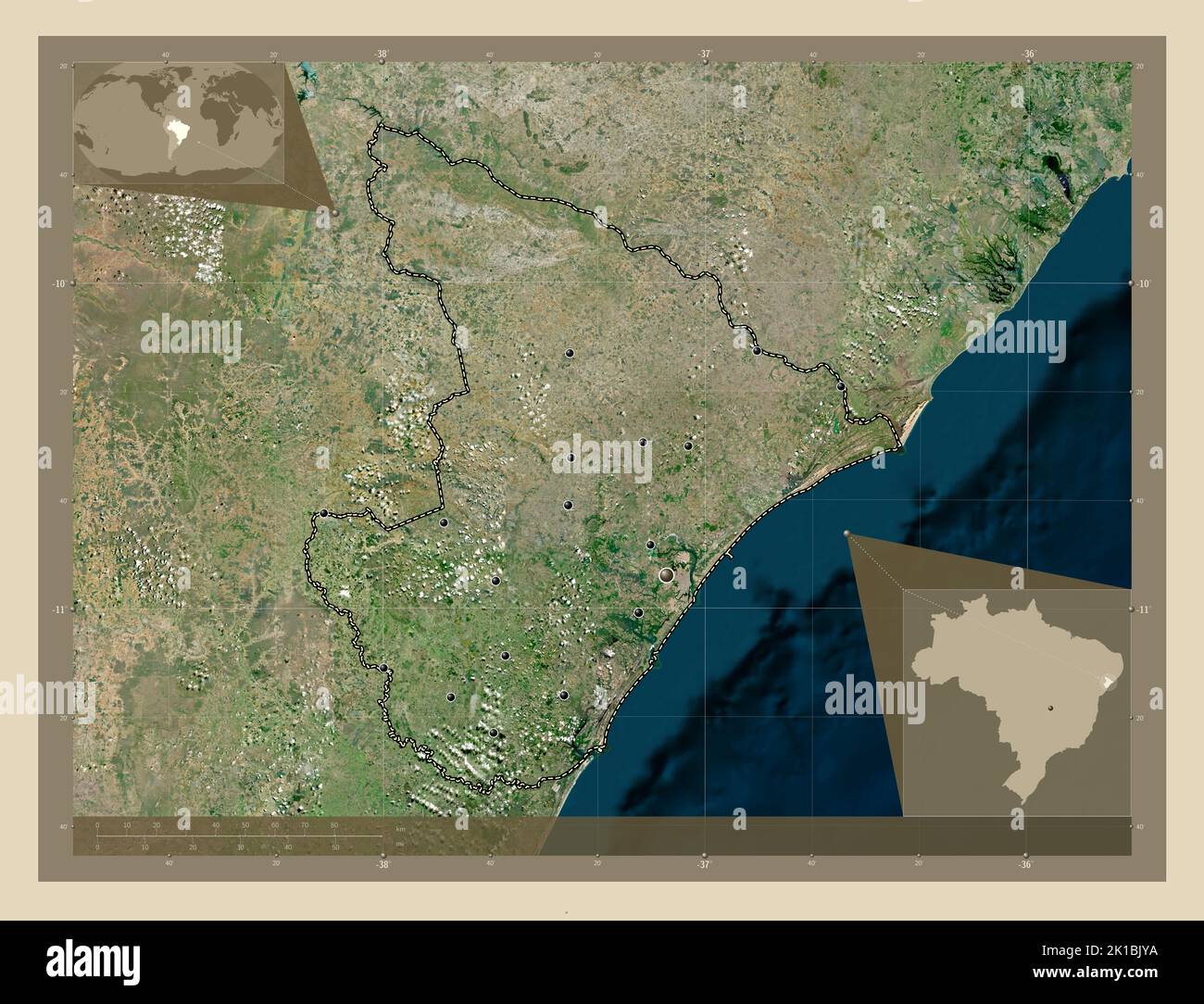 Sergipe, state of Brazil. High resolution satellite map. Locations of ...