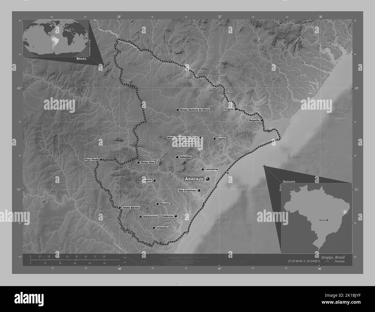 Sergipe, state of Brazil. Grayscale elevation map with lakes and rivers. Locations and names of ...