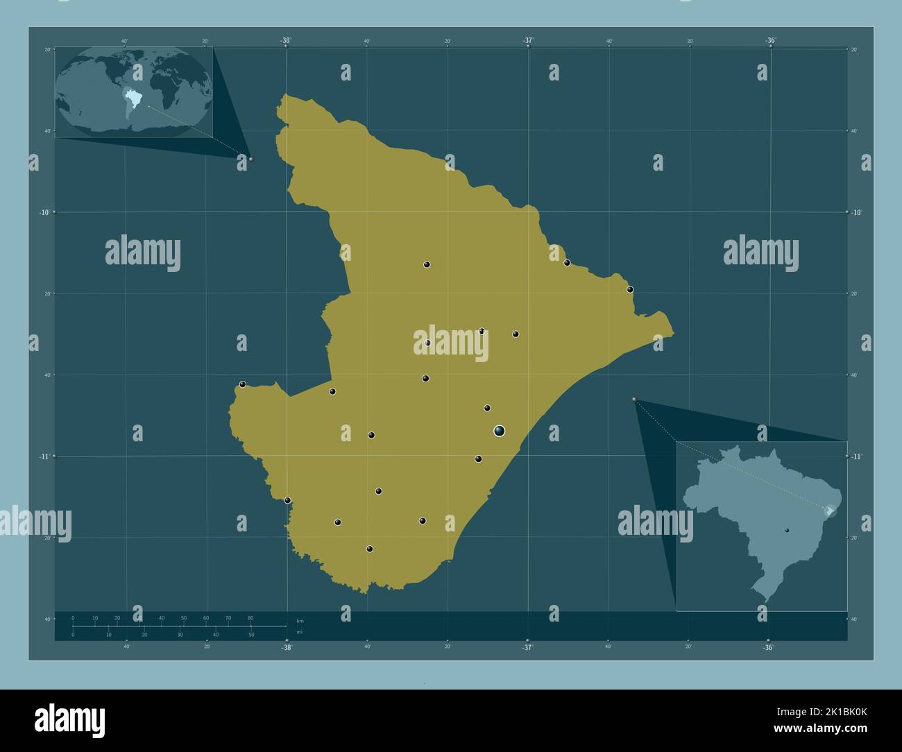 Sergipe, state of Brazil. Solid color shape. Locations of major cities ...