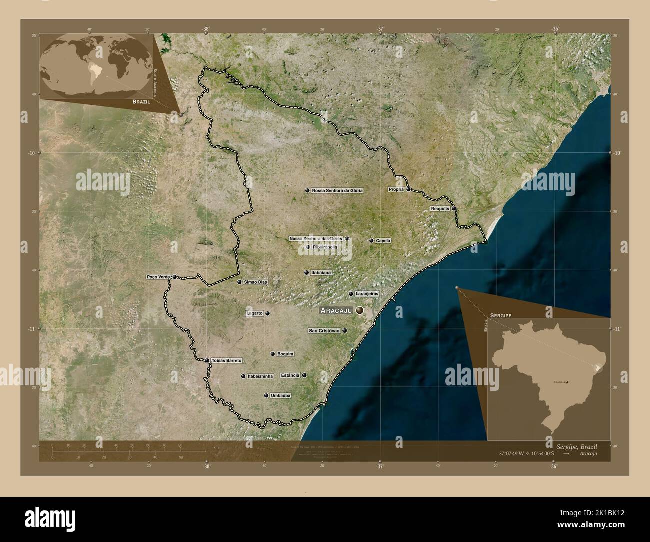 Sergipe, state of Brazil. Low resolution satellite map. Locations and ...
