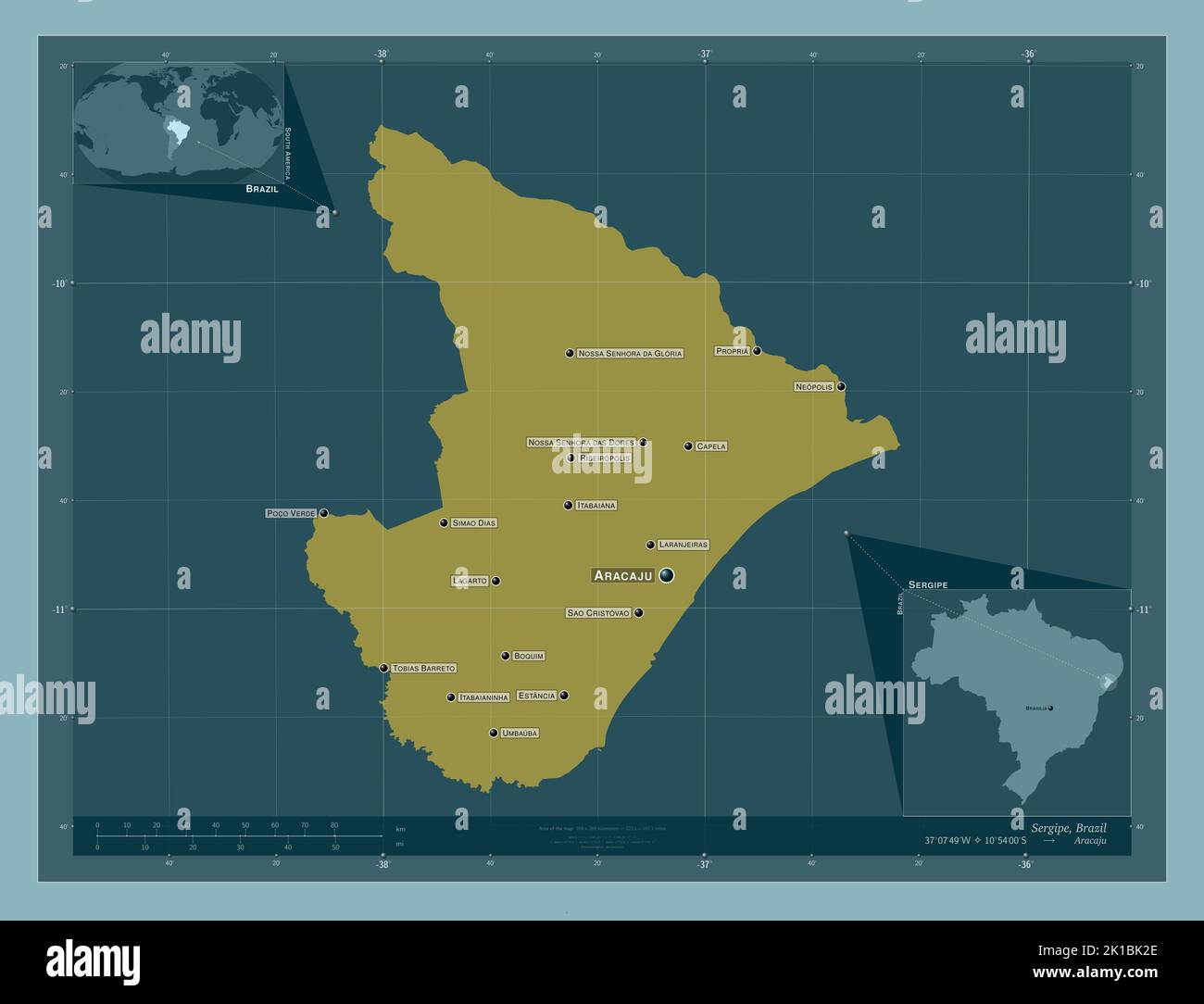 Sergipe, state of Brazil. Solid color shape. Locations and names of ...
